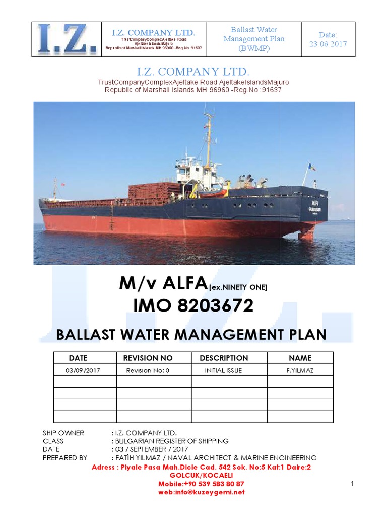 Ballast Water Management Plan - MV ALFA | PDF | Tonnage | Watercraft