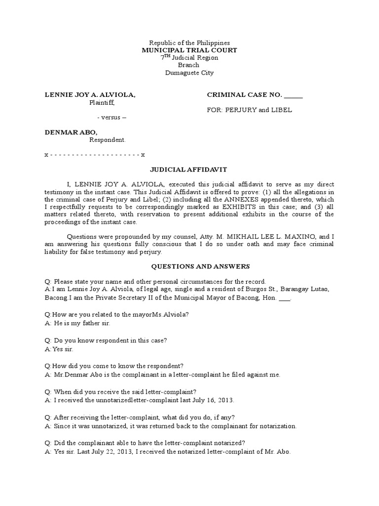 Sample JA Perjury and Libel | PDF | Perjury | Affidavit