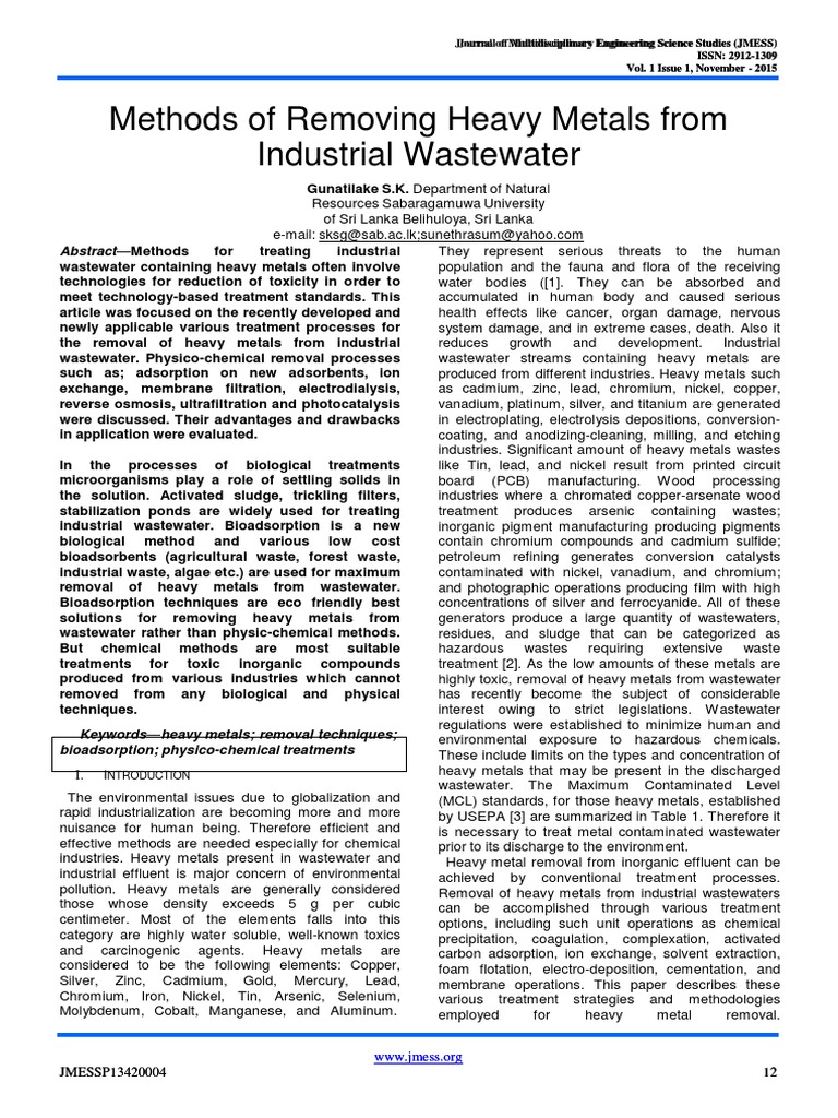 Methods for Heavy Metal Removal | PDF | Membrane | Ion Exchange