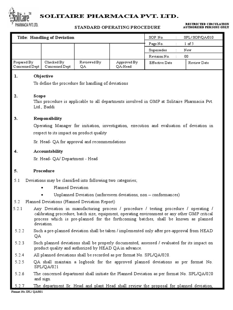 SOP QA 010 00 Handling of Deviation | Quality Assurance | Business