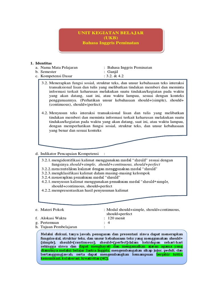 UKBM Sastra Inggris X KD 3.2 - 4.2 Should + (Simple, Continuous ...