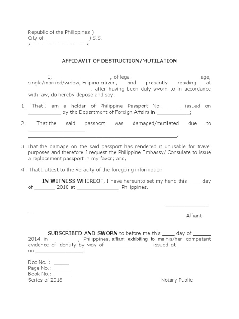 Affidavit of Mutilation or Destruction of Passport | PDF
