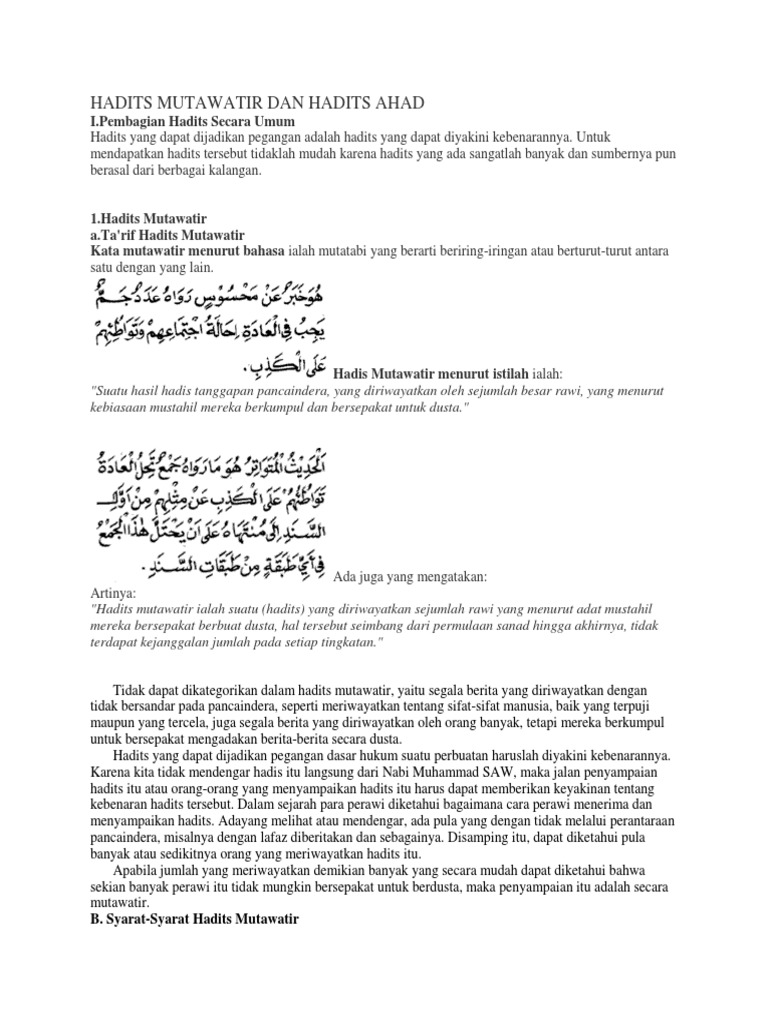 Hadits Mutawatir dan Ahad: Penjelasan Lengkap | PDF | Filsafat