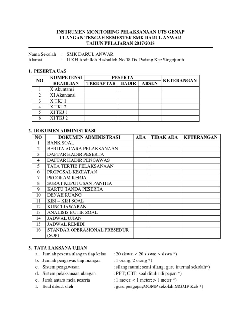 Instrumen Monitoring Pelaksanaan Uts Genap | PDF | Karier & Perkembangan