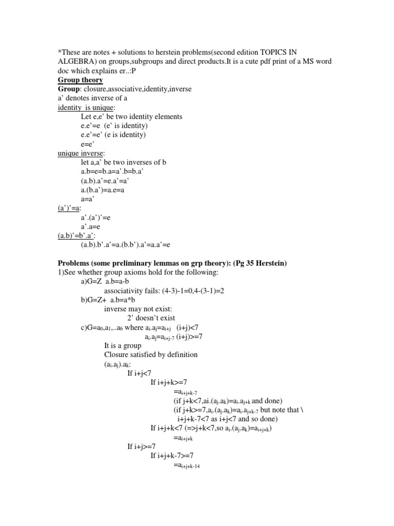 Topics in Algebra Solutions PDF | PDF | Group (Mathematics) | Group Theory
