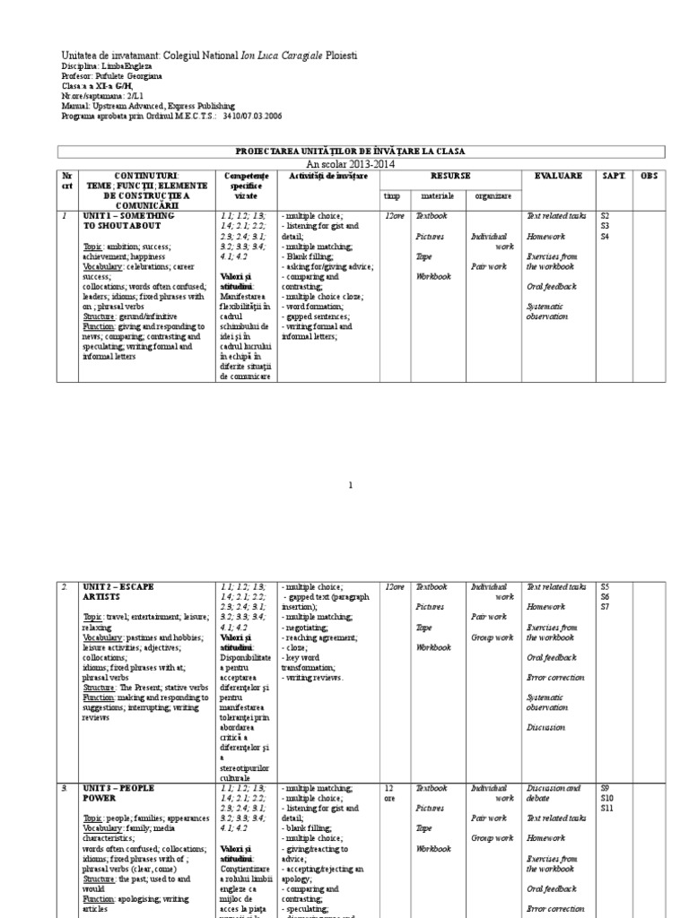 10 Planificare 11h Unitati | PDF | Phrase | Idiom
