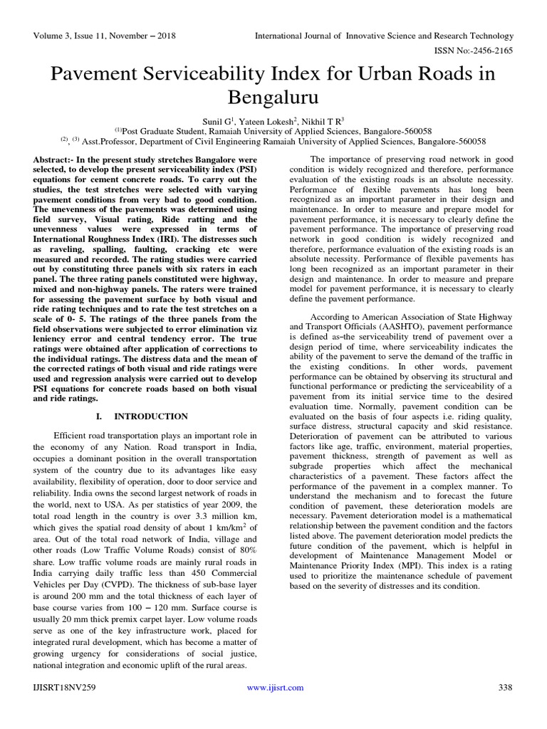 Pavement Serviceability Index For Urban Roads in Bengaluru | PDF | Road ...