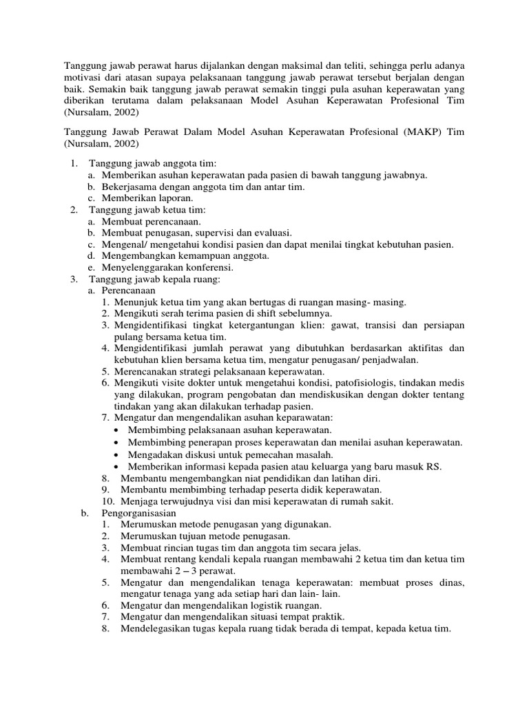Tanggung Jawab Perawat Dalam Model Asuhan Keperawatan Profesional (MAKP) Tim | PDF