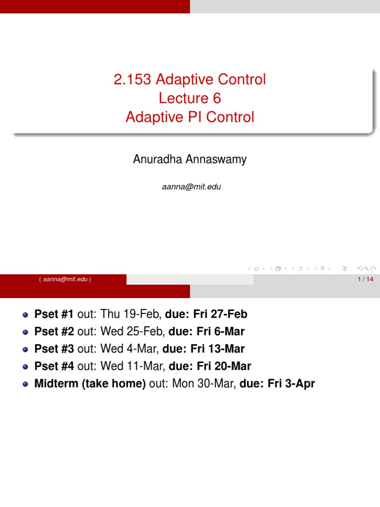 2.153 Adaptive Control Adaptive PI Control: Anuradha Annaswamy | PDF