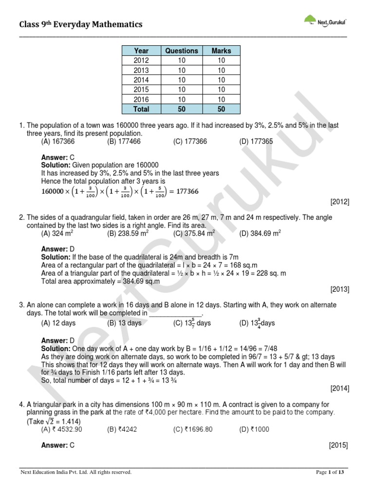 Class 9 Maths Olympiad Everyday Mathematics Practice Papers | PDF ...