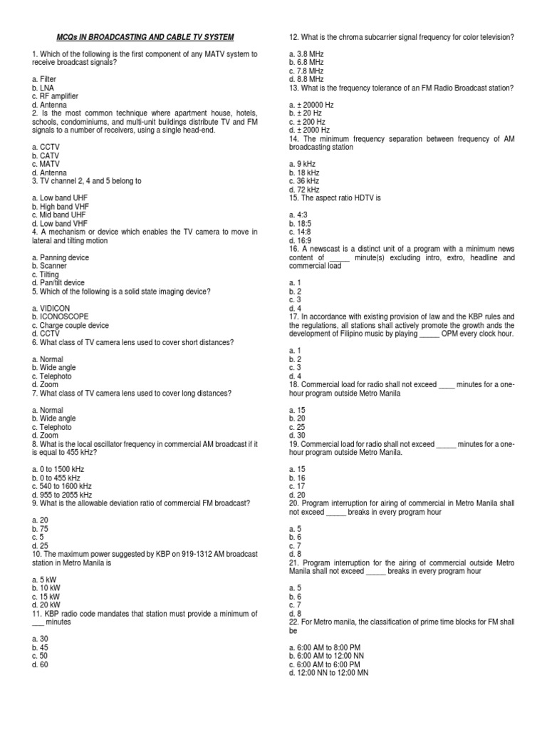 Mcqs in Broadcasting and Cable TV System | PDF | Frequency Modulation ...