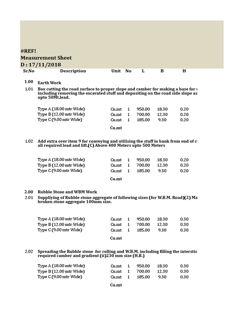 #REF! Measurement Sheet D: 17/11/2018: SR - No Description Unit No L B ...