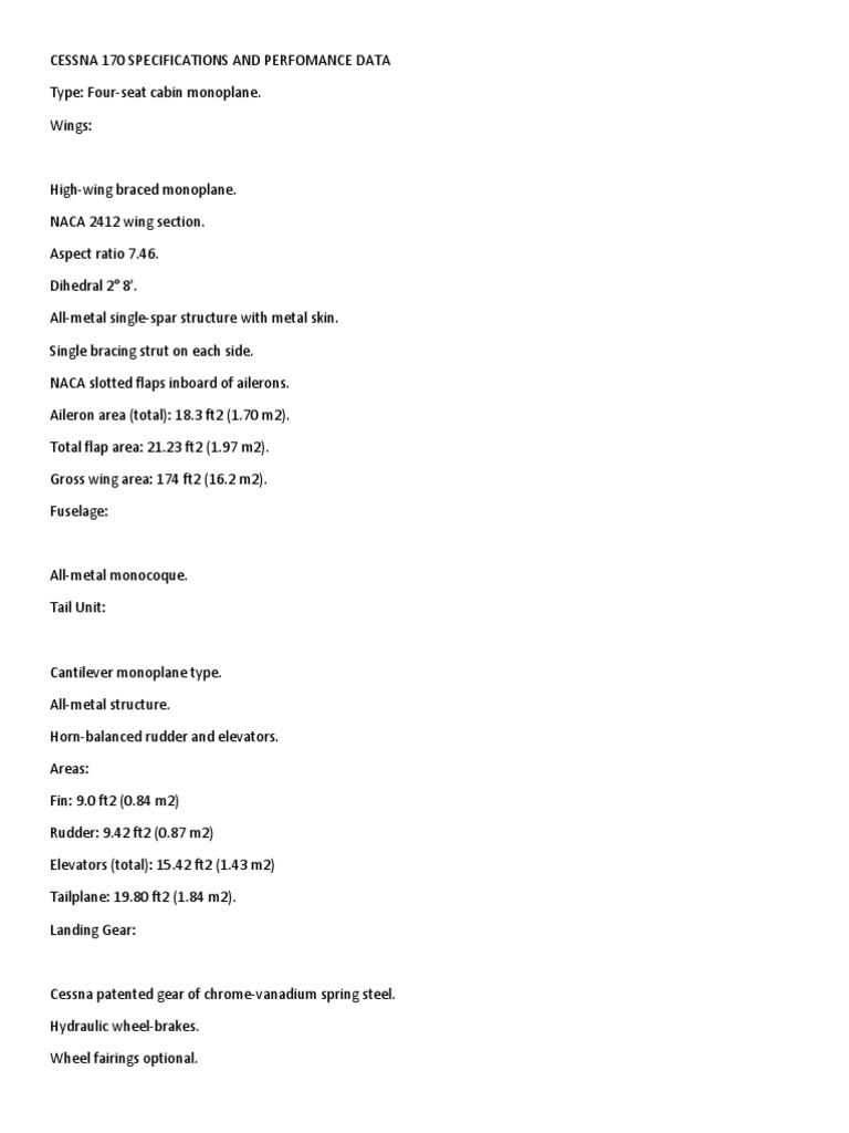 Cessna 170 Specifications and Perfomance Data | PDF | Monoplane | Aircraft