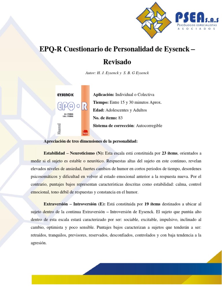 EPQ-R Cuestionario de Personalidad de Eysenck – Revisado: Autor: H. J ...