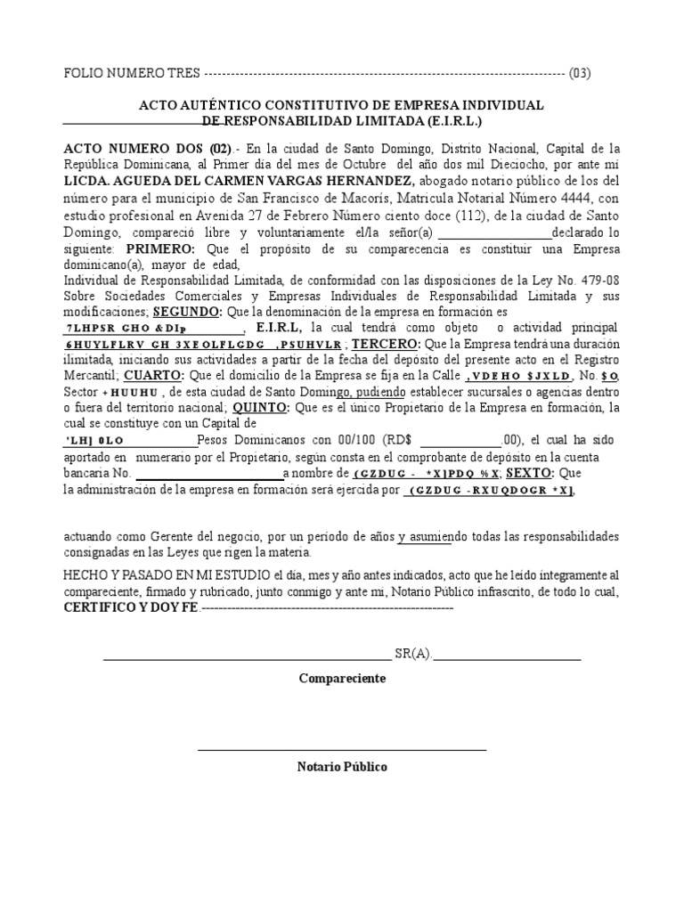 Acto Constitutivo de Eirl | PDF | República Dominicana | Justicia