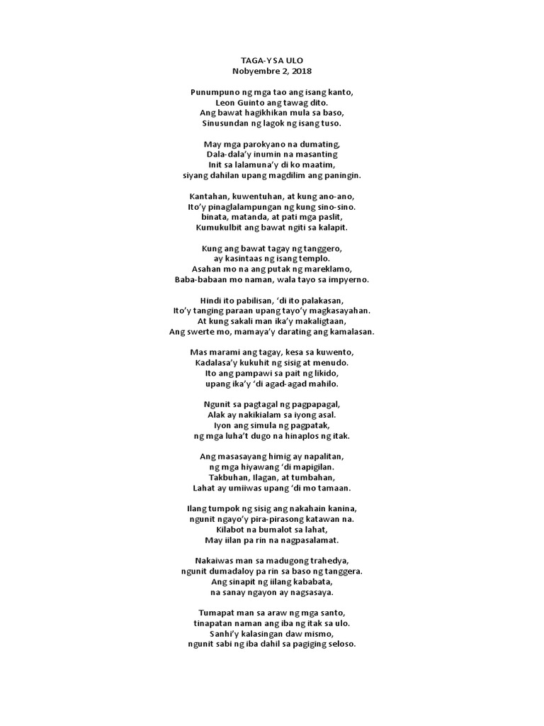 TAGAY SA ULO - (Para Sa Mga Namayapa Sa Inuman) | PDF