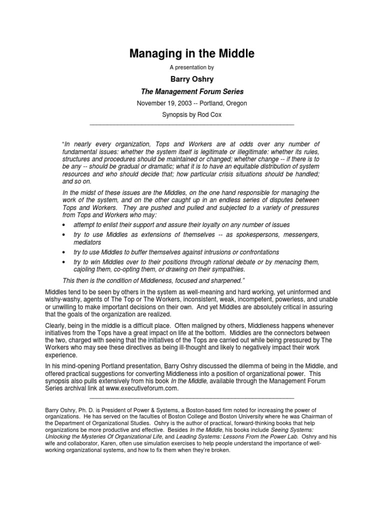 Oshry Barry-Managing in The Middle | PDF | Psychological Concepts ...