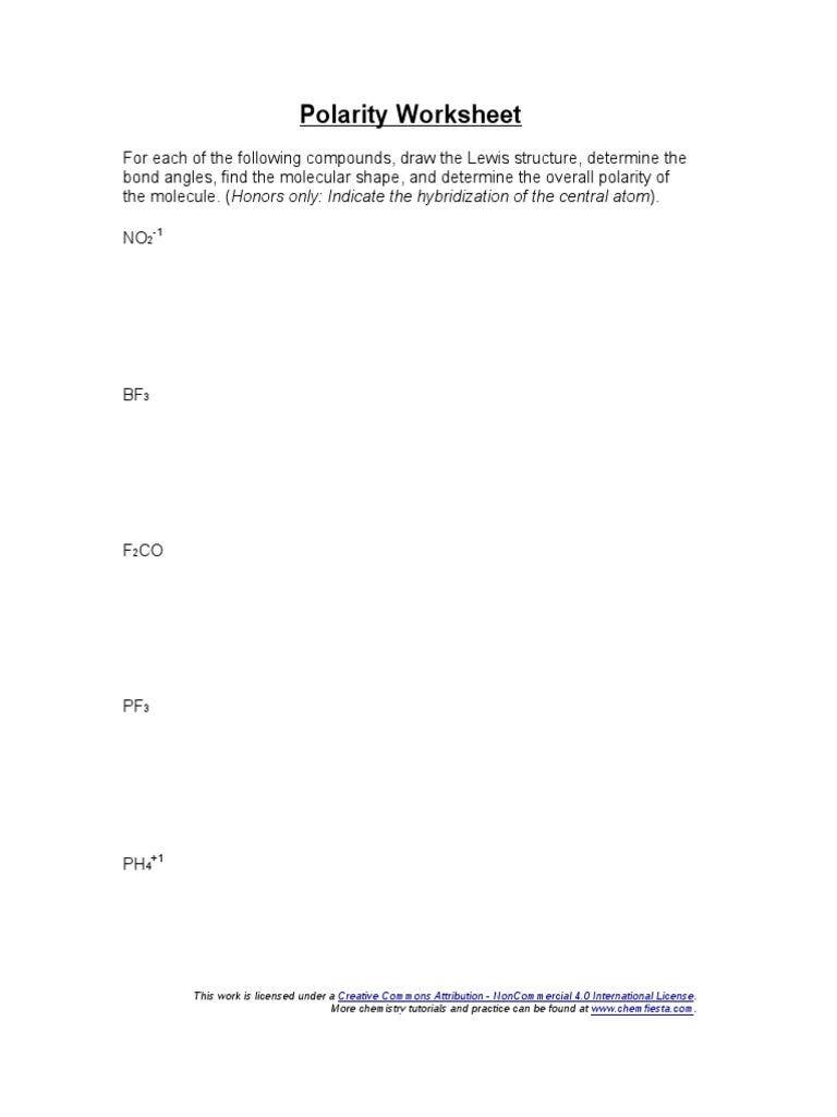 Polarity Worksheet: This Work Is Licensed Under A - More Chemistry ...