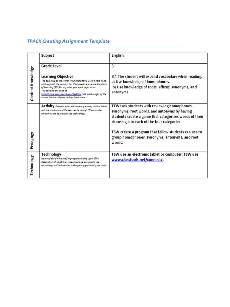 TPACK Creating Assignment Template: Subject English Grade Level 3 ...