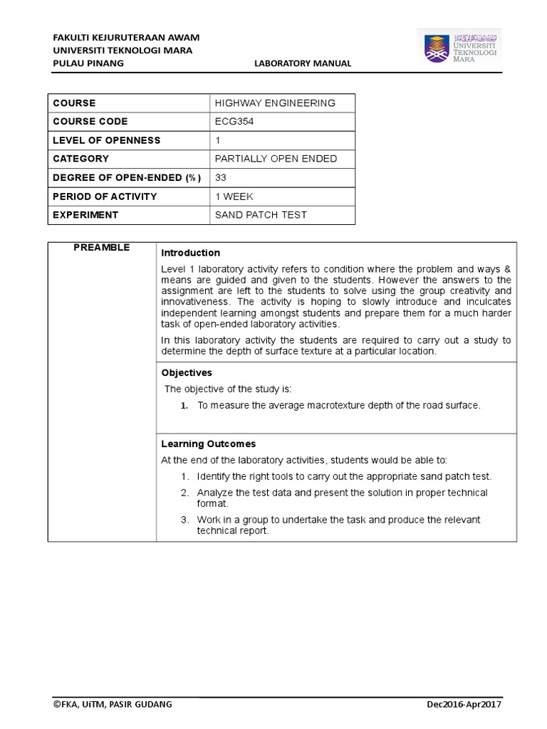 LEVEL 1 - Sand Patch Test | PDF | Sand | Road Surface