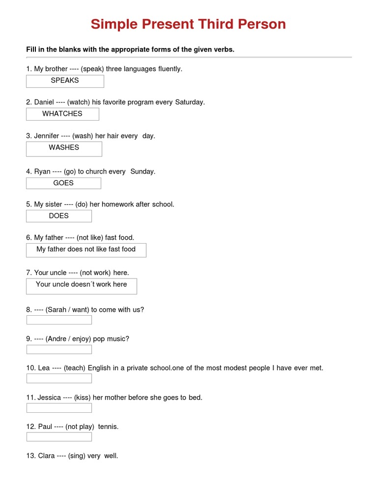 Simple Present Third Person: Fill in The Blanks With The Appropriate ...
