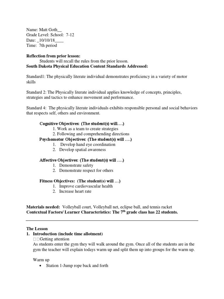 Eclipse Ball Lesson Plan for Grades 7-12 | PDF | Volleyball | Physical ...
