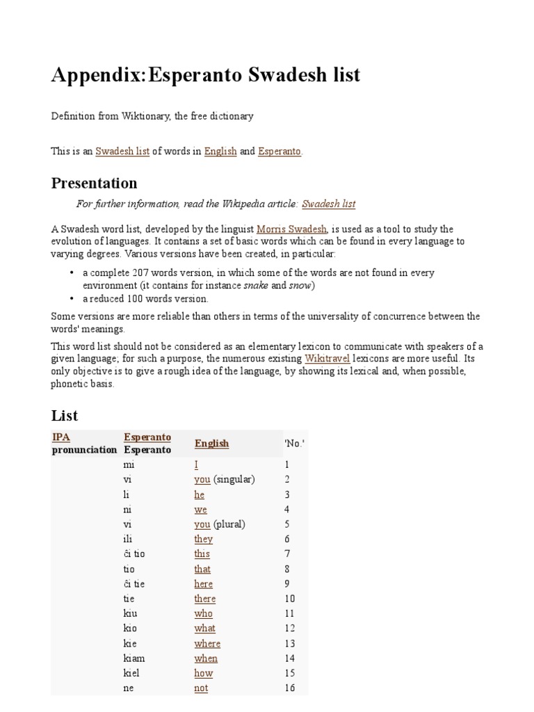 English-Esperanto Swadesh Word List | PDF | Grammatical Gender ...