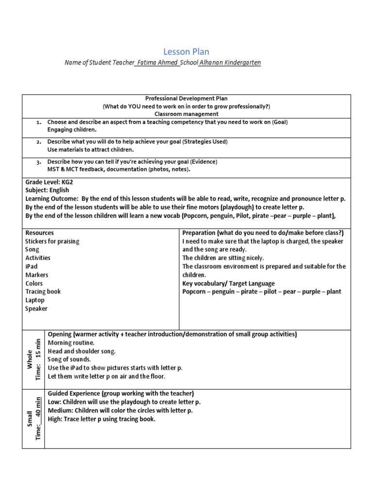 Lesson Plan Letter P | Download Free PDF | Lesson Plan | Classroom