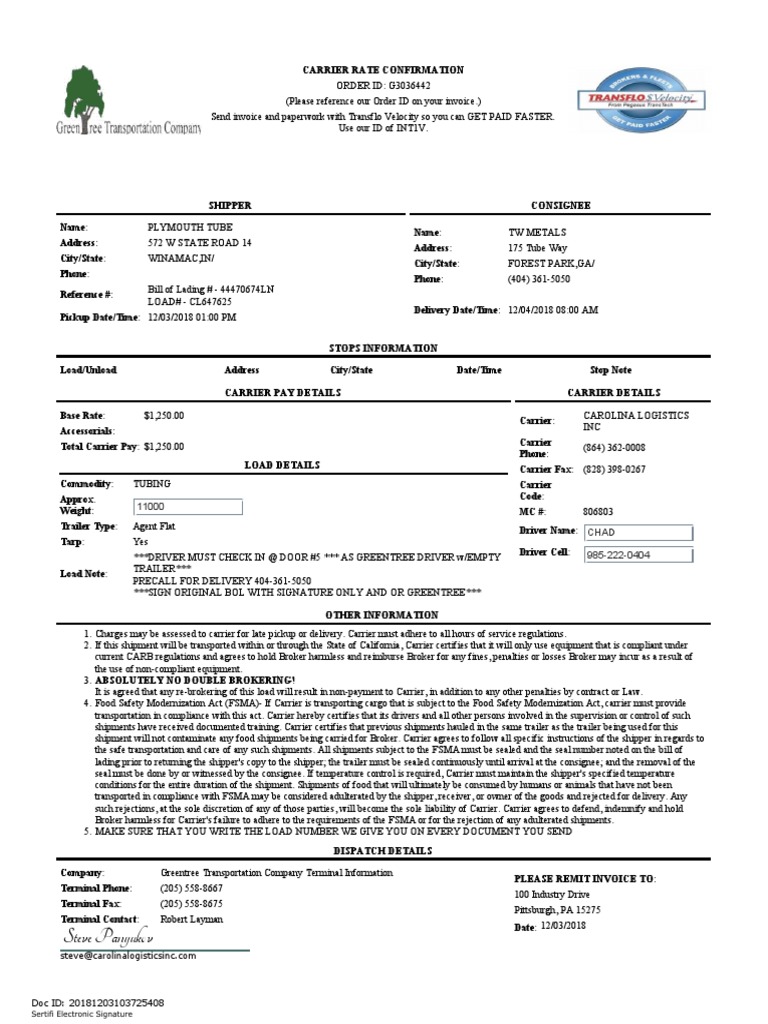 Carrier Rate Confirmation for Shipment | PDF | Cargo | Transport