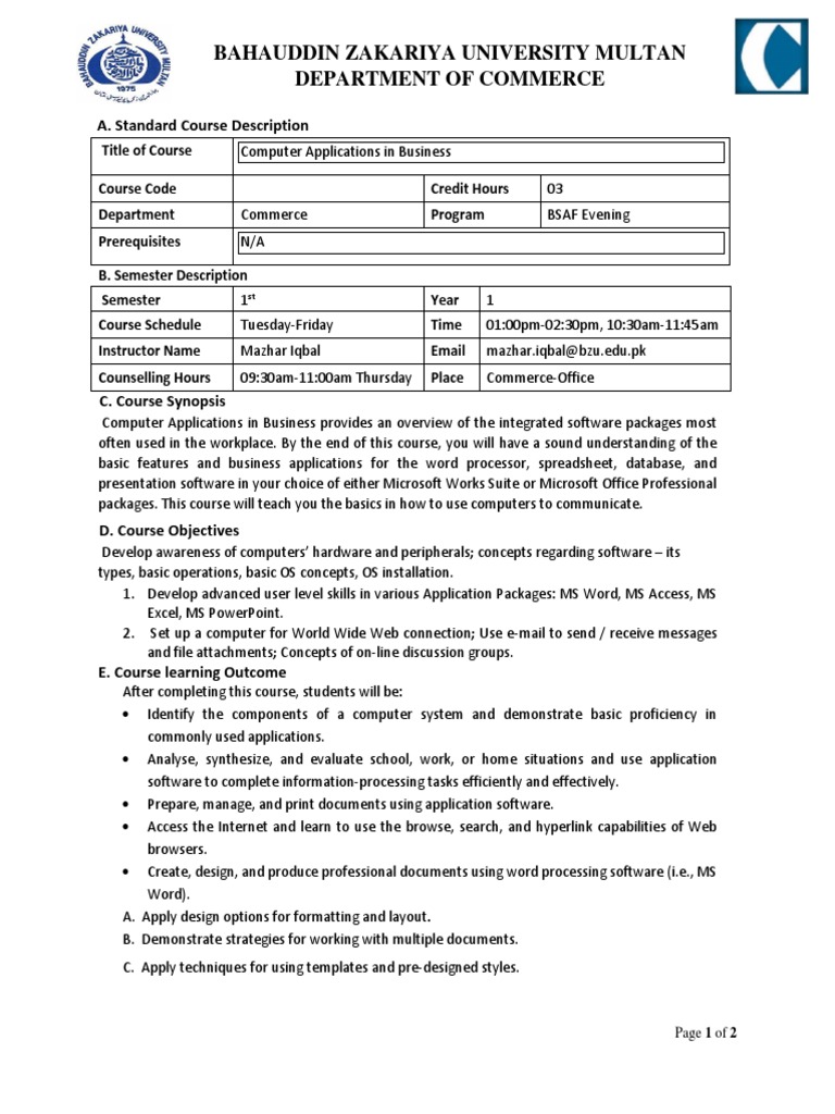 Computer Applications in Business Course Outline BSAF Evening PDF | PDF ...