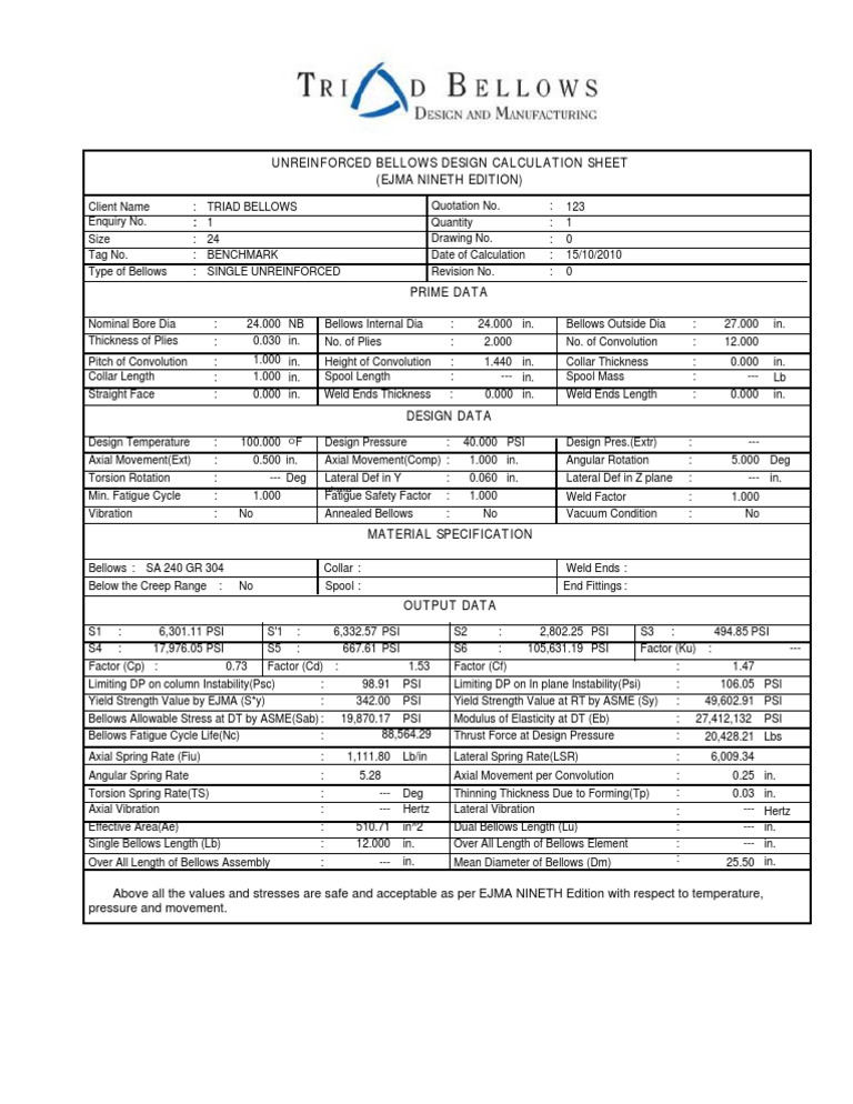 Unreinforced Bellows Design Calculation Sheet: (Ejma Nineth Edition) | PDF | Mechanics | Applied ...