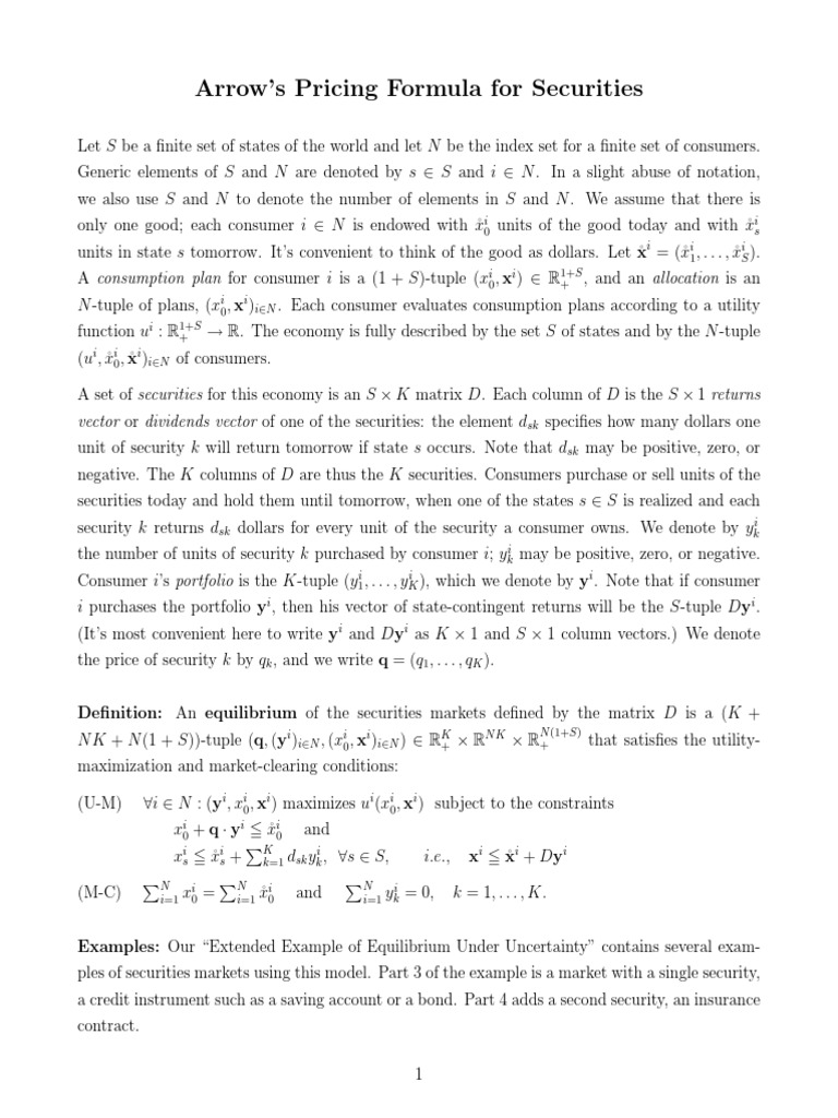 Arrow Security Pricing Formula | PDF | Theorem | Economic Equilibrium