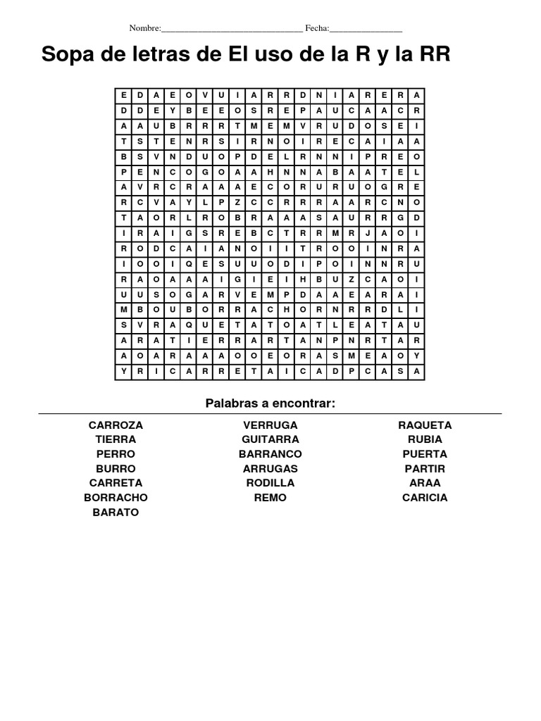 Sopa de letras: Uso de R y RR | PDF