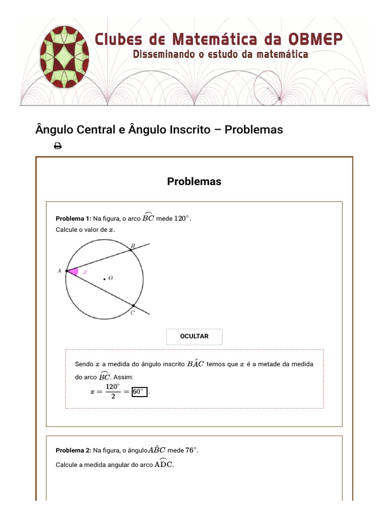 Ângulo Central e Ângulo Inscrito - Problemas - Clubes de Matemática Da ...