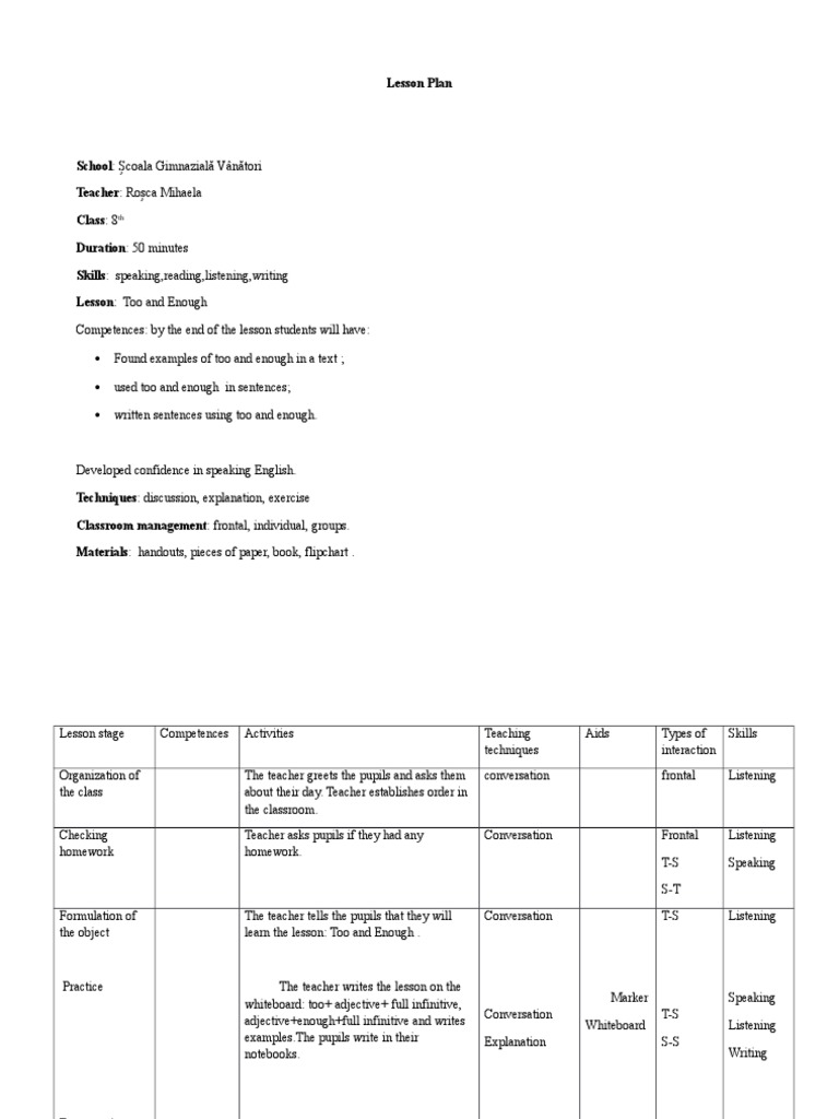 Plan-lectie-A8a Too and Enough | PDF | Lesson Plan | Teachers