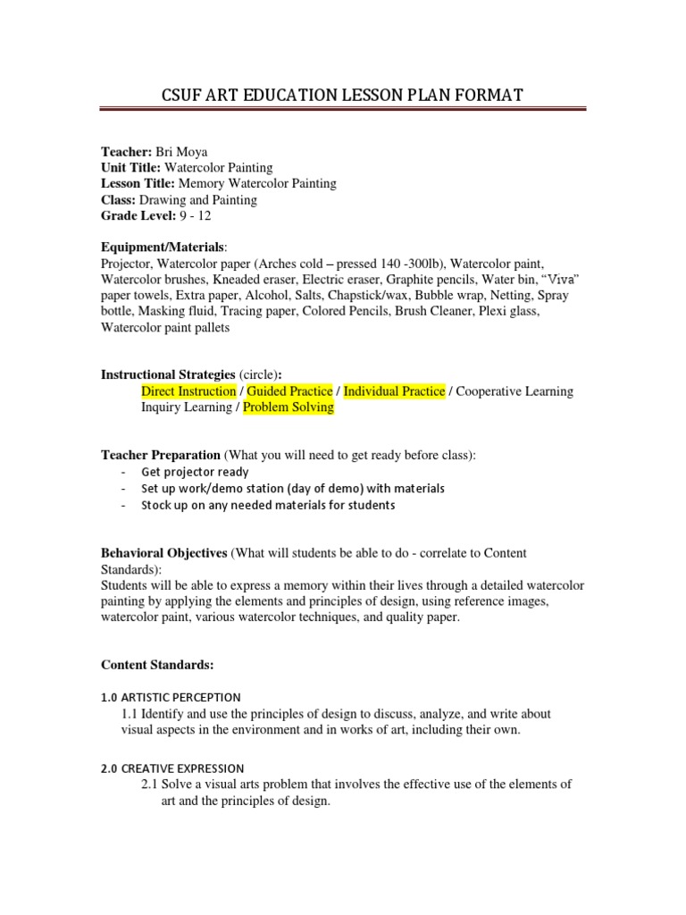 Memory Watercolor Painting Lesson Plan Autosaved | PDF | Paintings ...