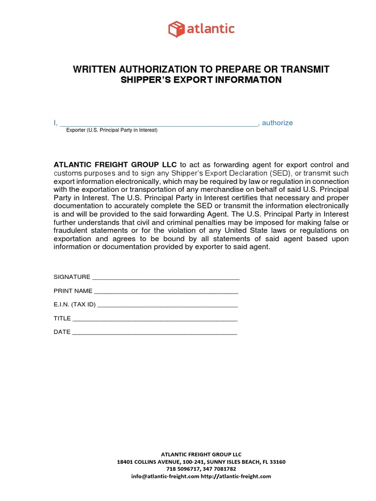 Export Authorization Form for Atlantic Freight | PDF