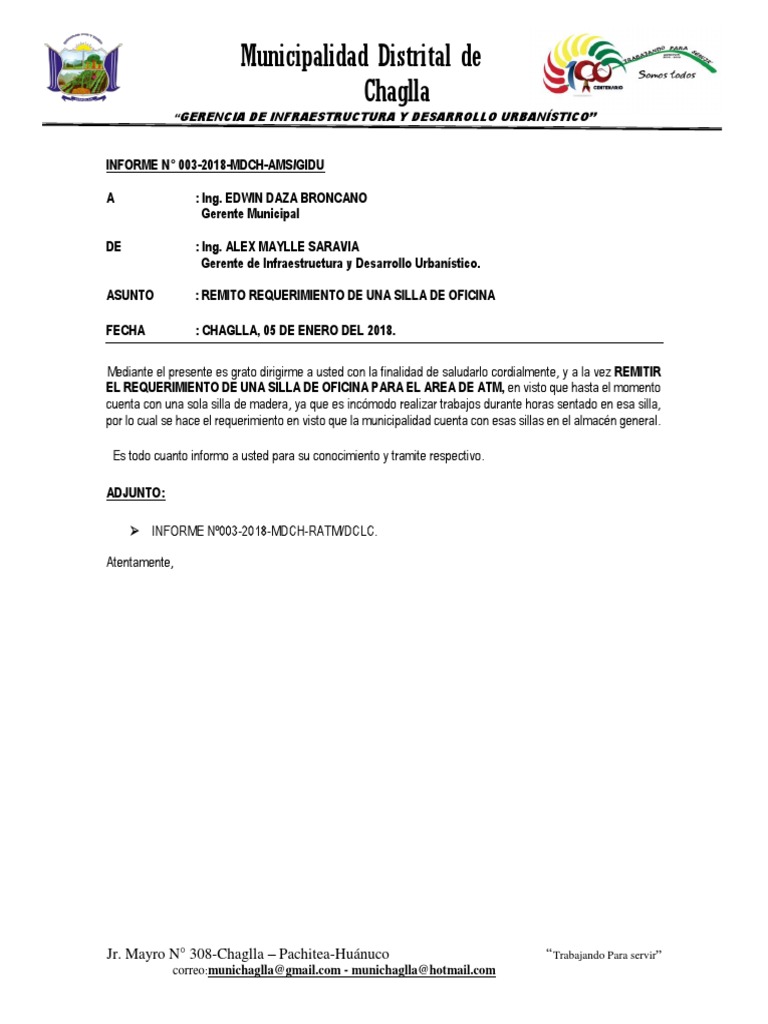 Informe Nº003 - Remito Informe de Requerimiento de Una Silla de Oficina ...