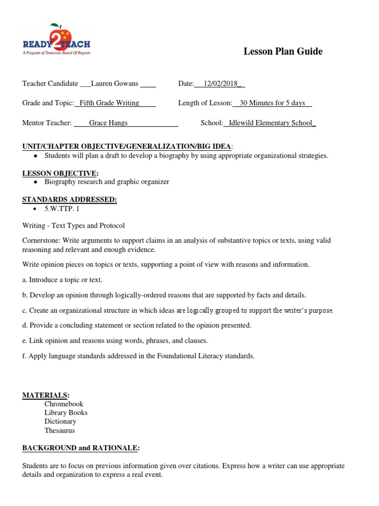 Lesson Plan Guide: Unit/Chapter Objective/Generalization/Big Idea | PDF ...