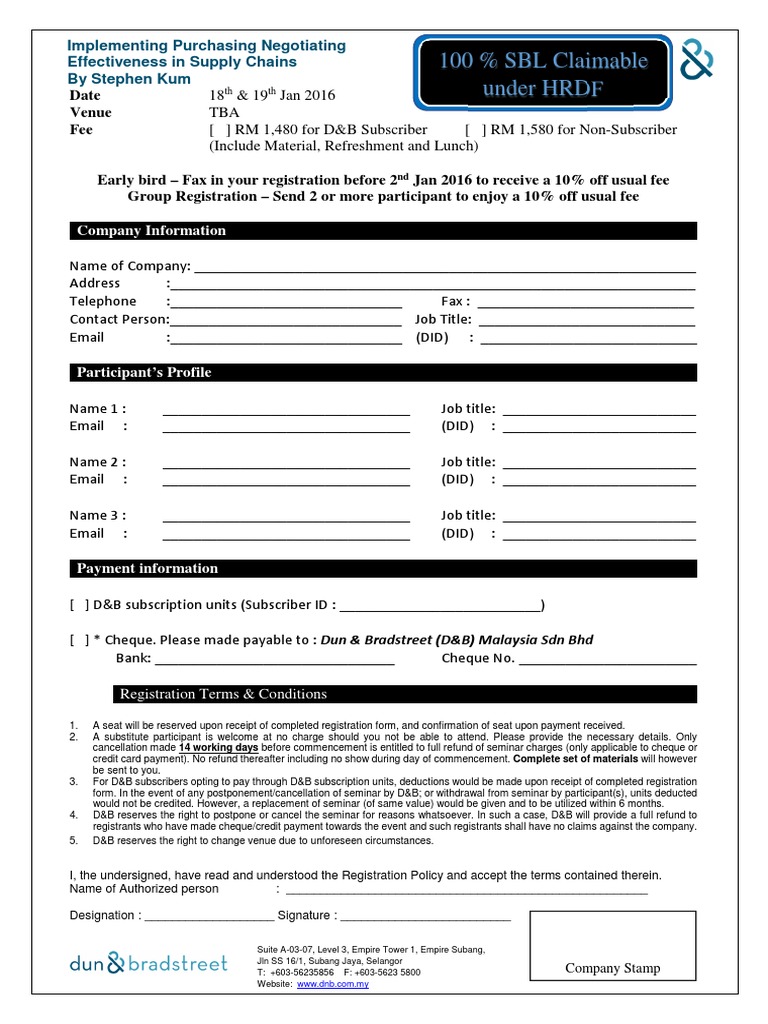 100 % SBL Claimable Under HRDF: Date Venue Fee | PDF | Cheque ...