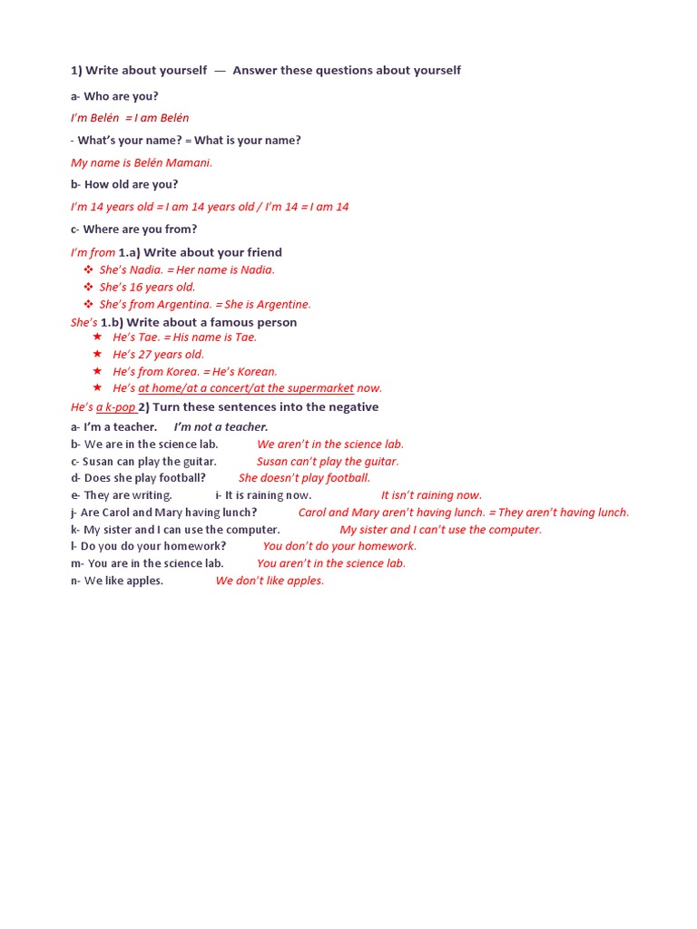 1) Write About Yourself - Answer These Questions About Yourself | PDF