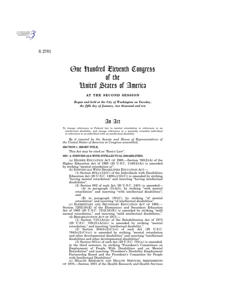 S. 2781: Rosa's Law | PDF | Rehabilitation Act Of 1973 | Intellectual ...