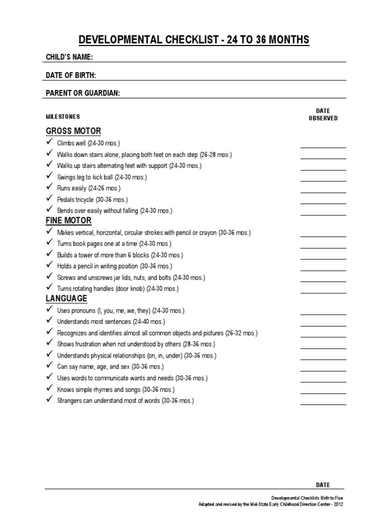 Developmental Checklist - 24 To 36 Months: Gross Motor | Download Free ...
