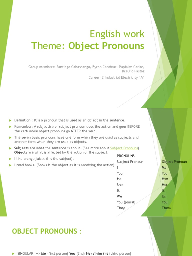 Theme: Object Pronouns: English Work | PDF | Pronoun | Object (Grammar)