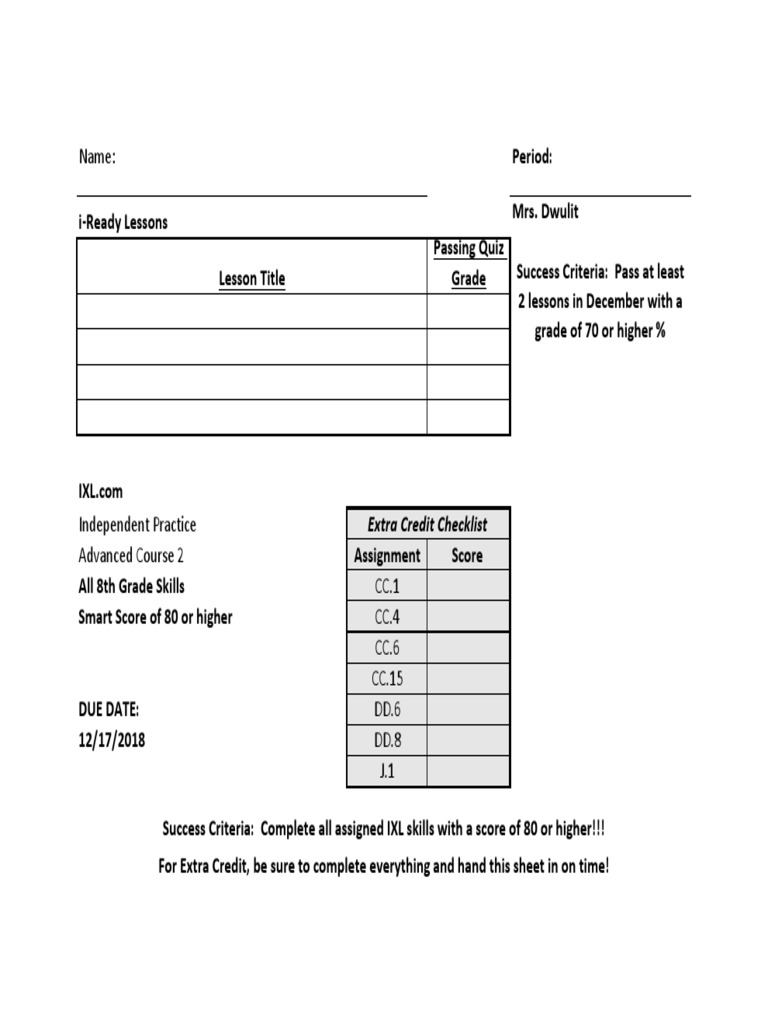 Name:: Extra Credit Checklist | PDF