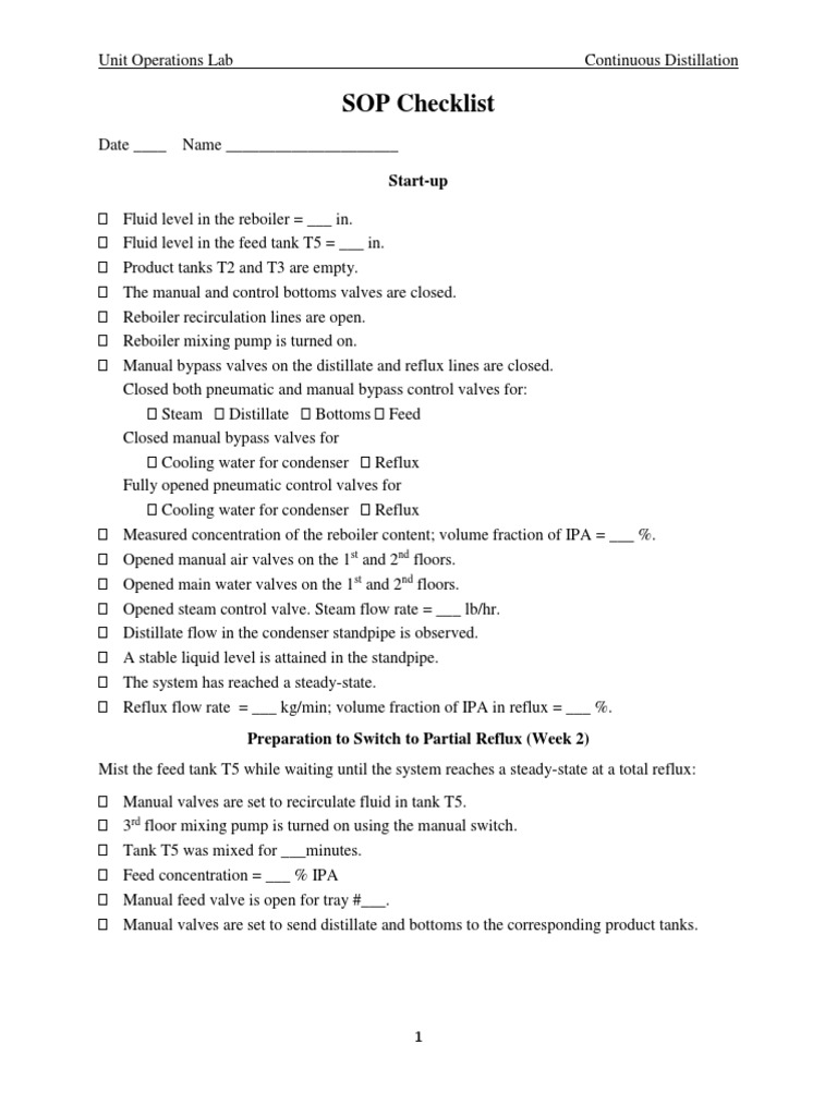 CD SOP Checklist | PDF | Distillation | Valve
