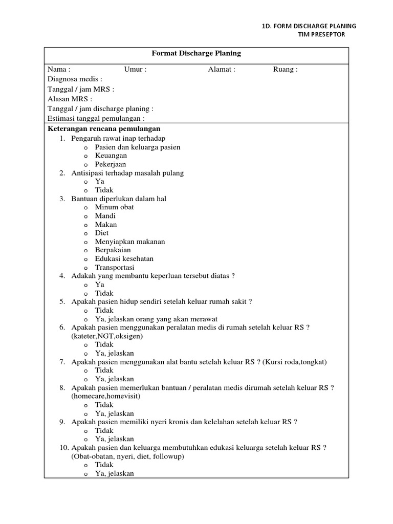 Format Discharge Planning | PDF