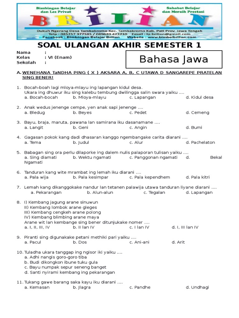 Soal UAS Bahasa Jawa Kelas 6 SD Semester 1 (Ganjil) Dan Kunci Jawaban | PDF