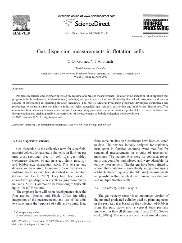 Gas Dispersion Measurements in Flotation Cells: C.O. Gomez, J.A. Finch ...