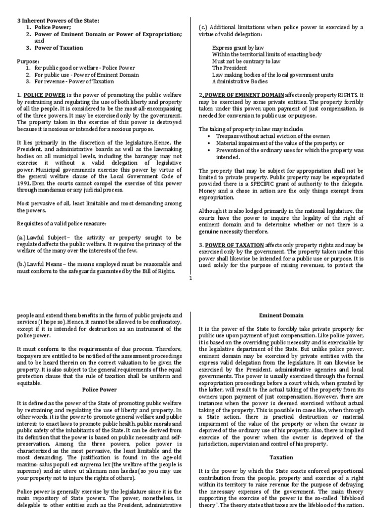 Inherent Powers of the State Explained | PDF | Eminent Domain | Police ...